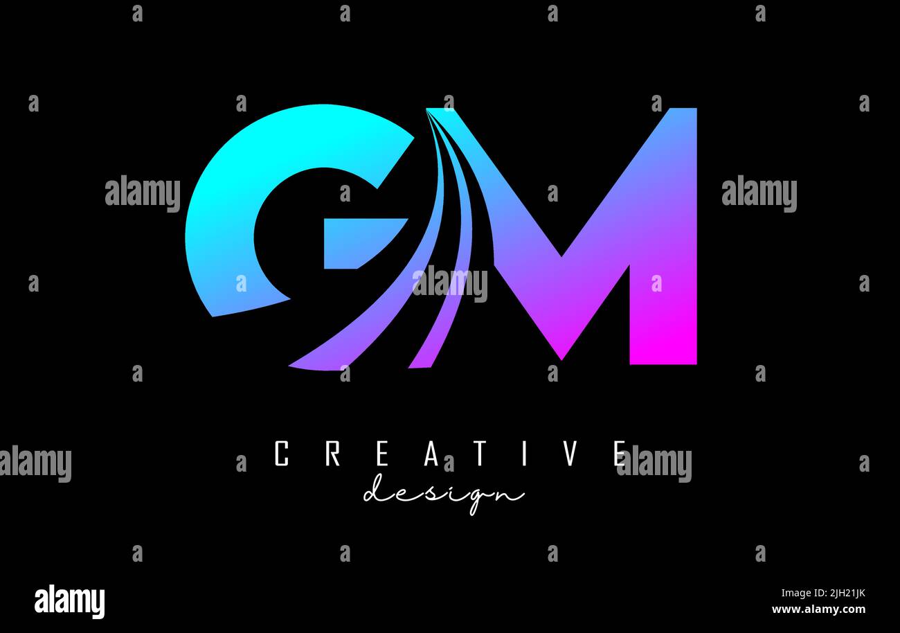 Creative colorful letter GM g M logo with leading lines and road ...