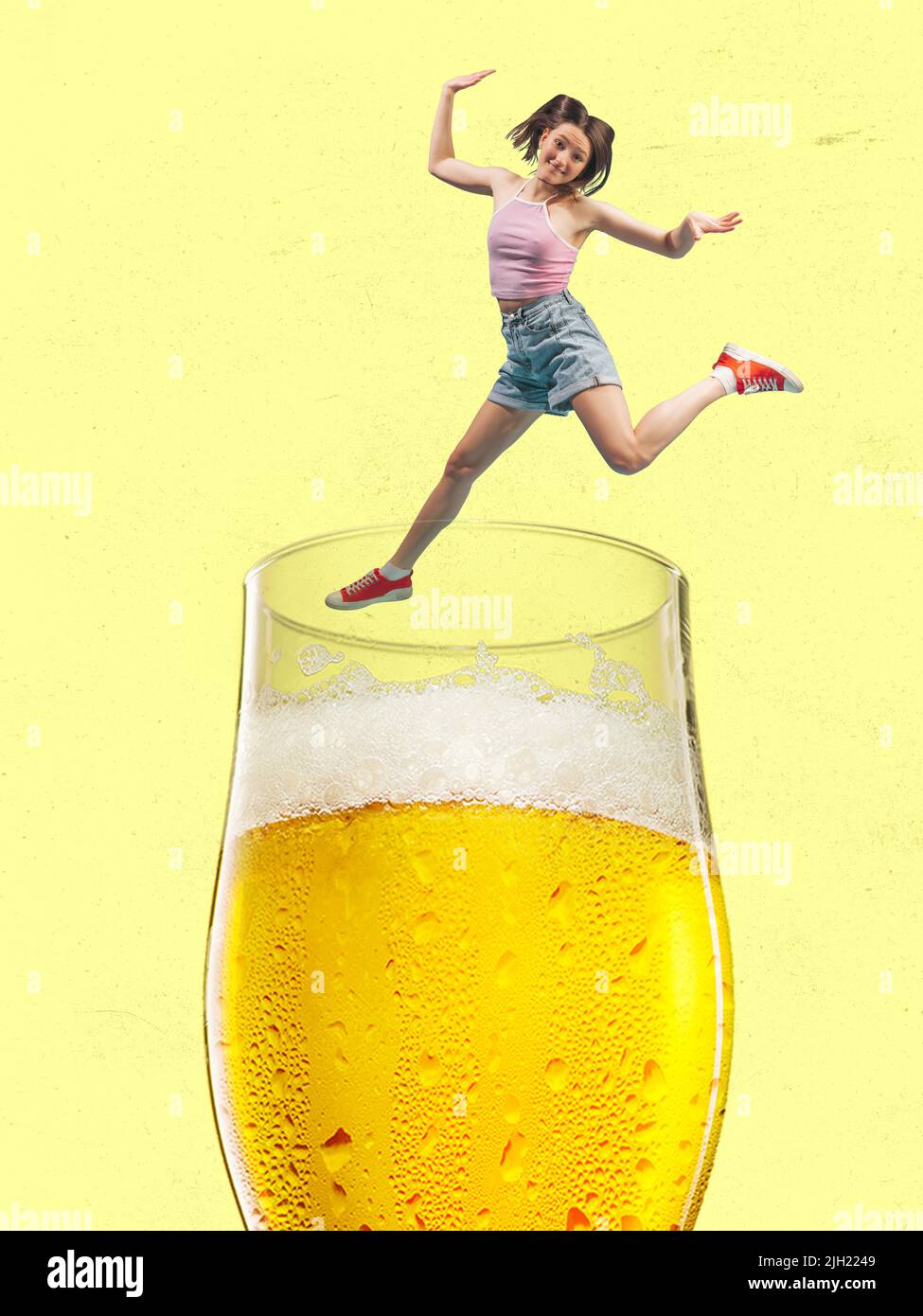 Excited girl jumping into big beer glass. Contemporary art collage ...