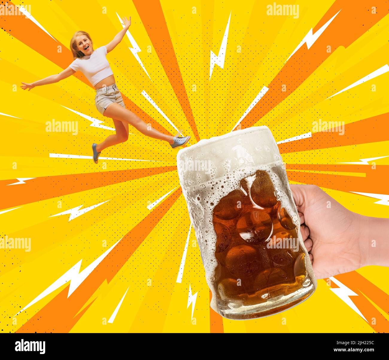 Excited girl jumping into big beer mug. Contemporary art collage ...