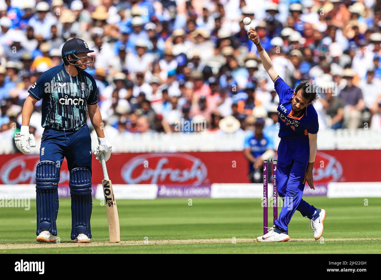 Yuzvendra Chahal of India delivers the ball in, on 7/14/2022. (Photo by ...