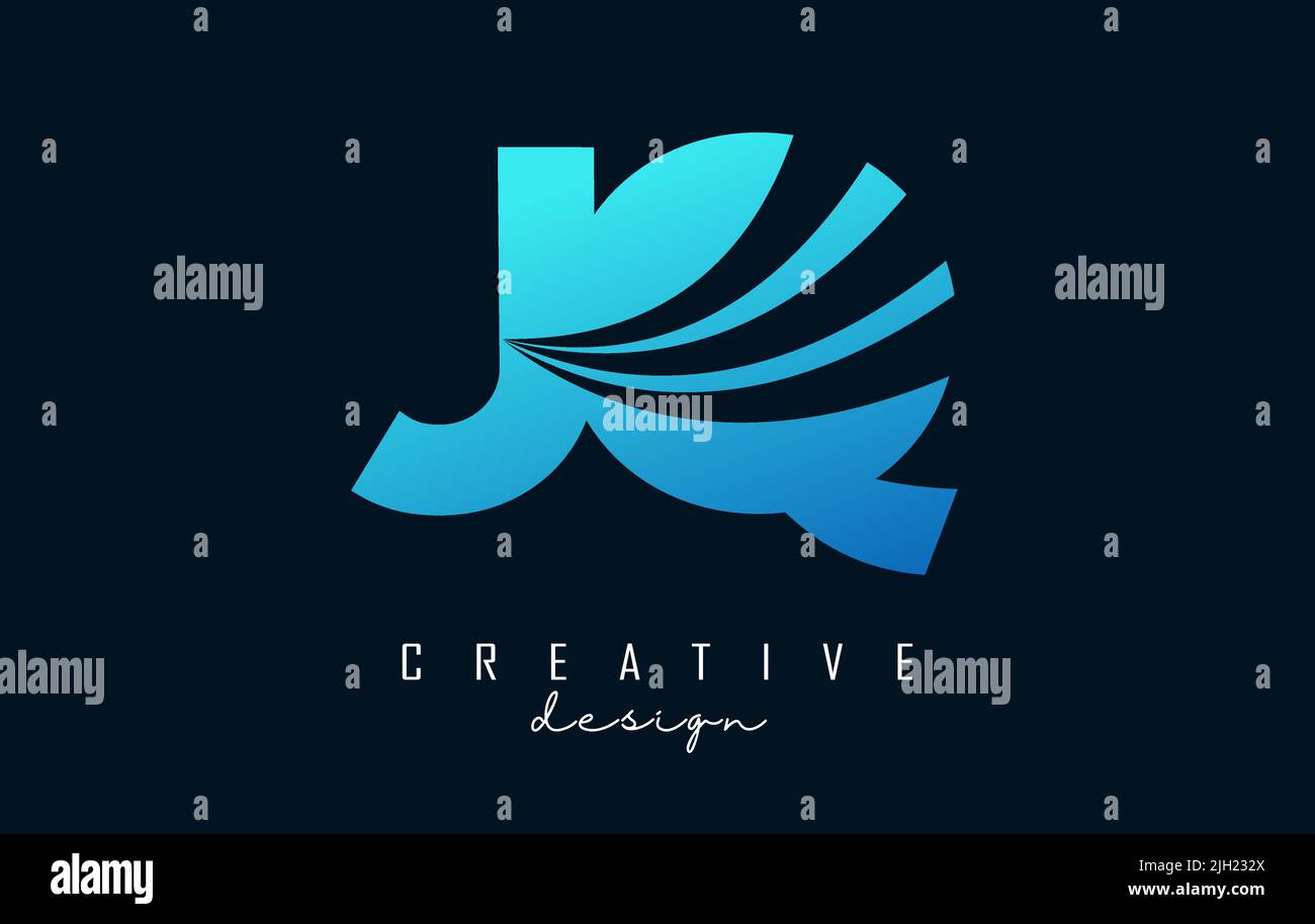 Creative blue letter JQ J q logo with leading lines and road concept ...