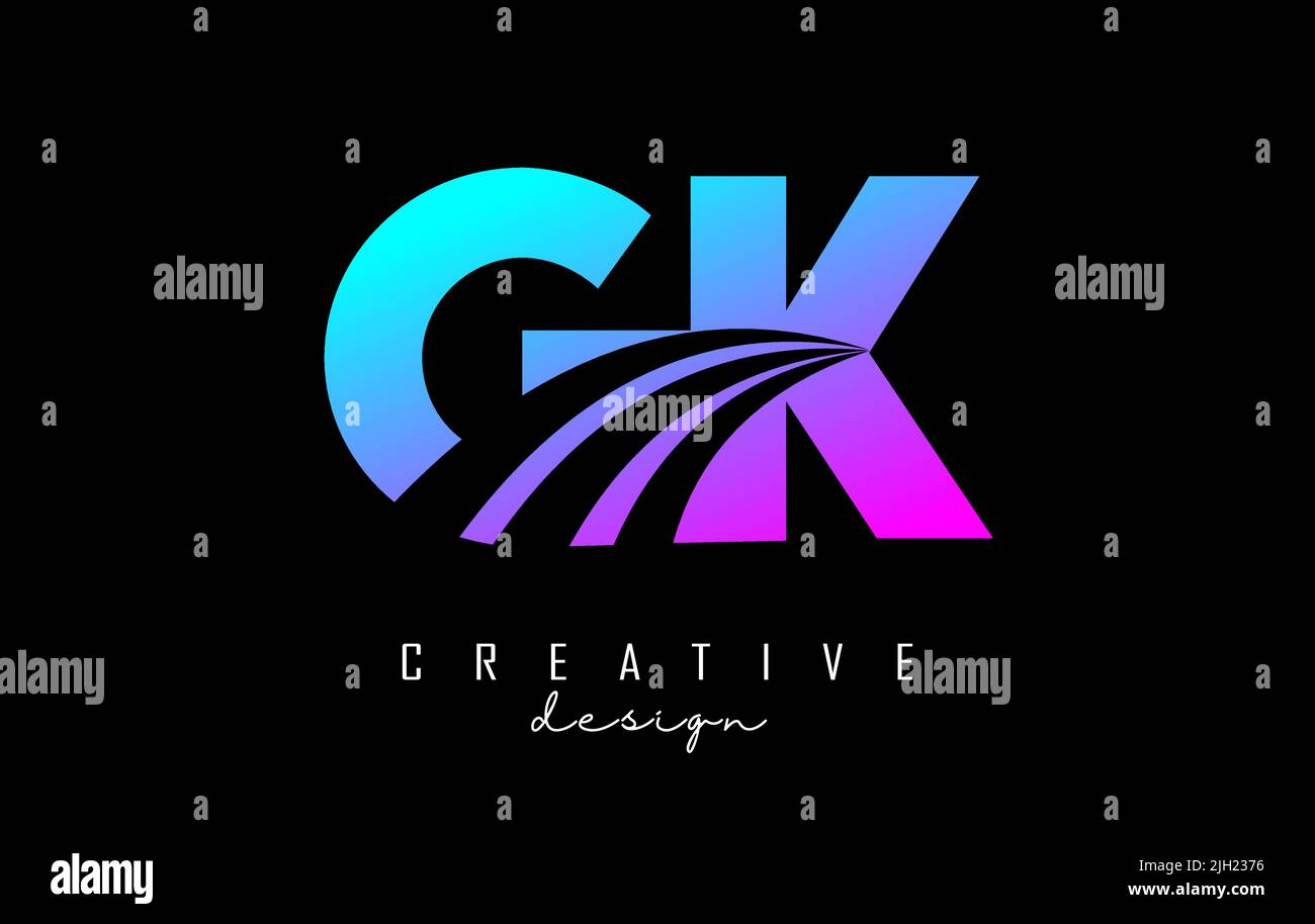 Creative colorful letter GK g k logo with leading lines and road ...