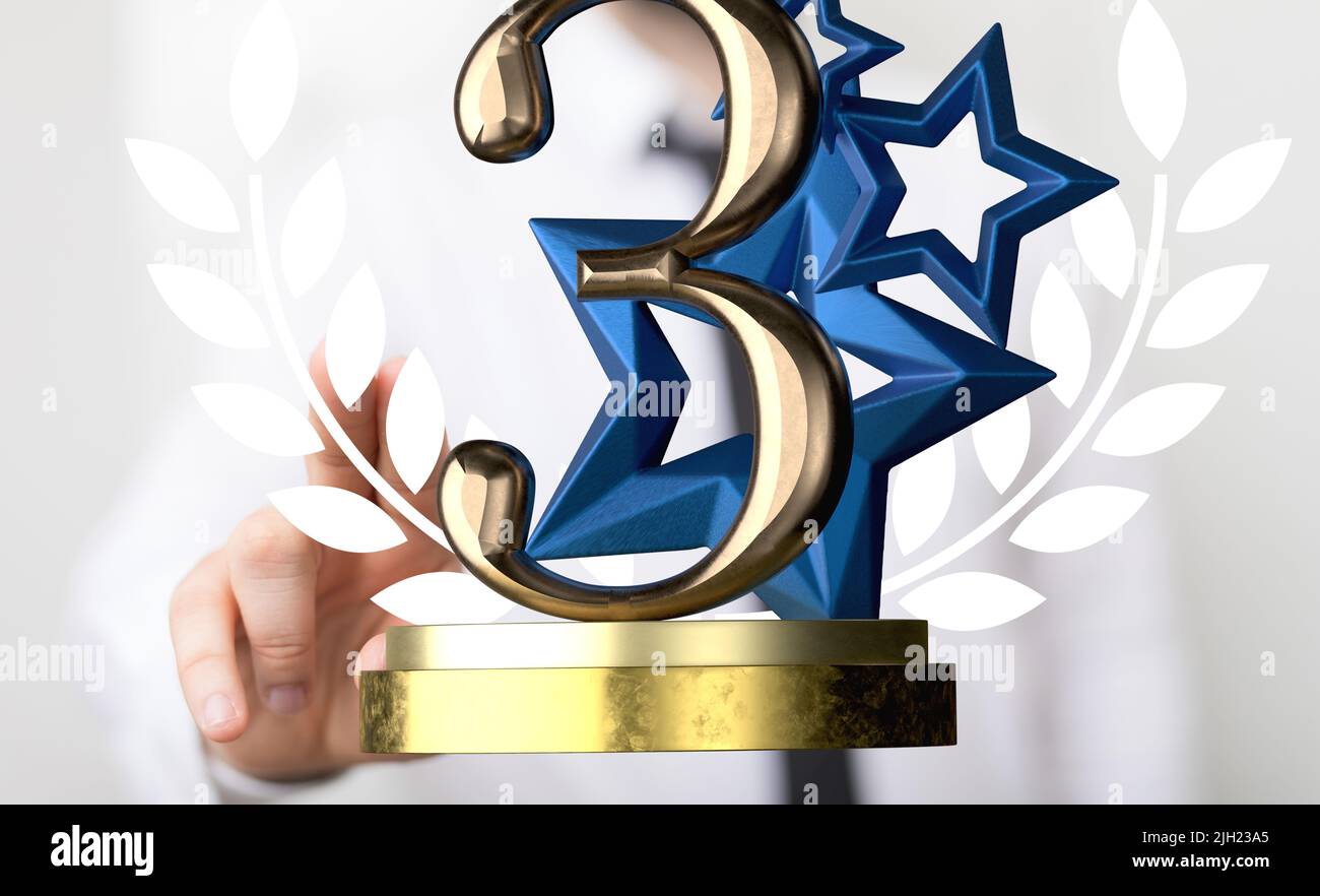 A 3D render of a number '3' prize near a hand Stock Photo - Alamy