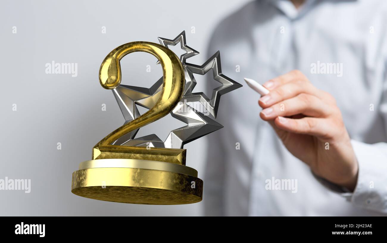 A 3D render of a number '2' prize near a hand Stock Photo - Alamy