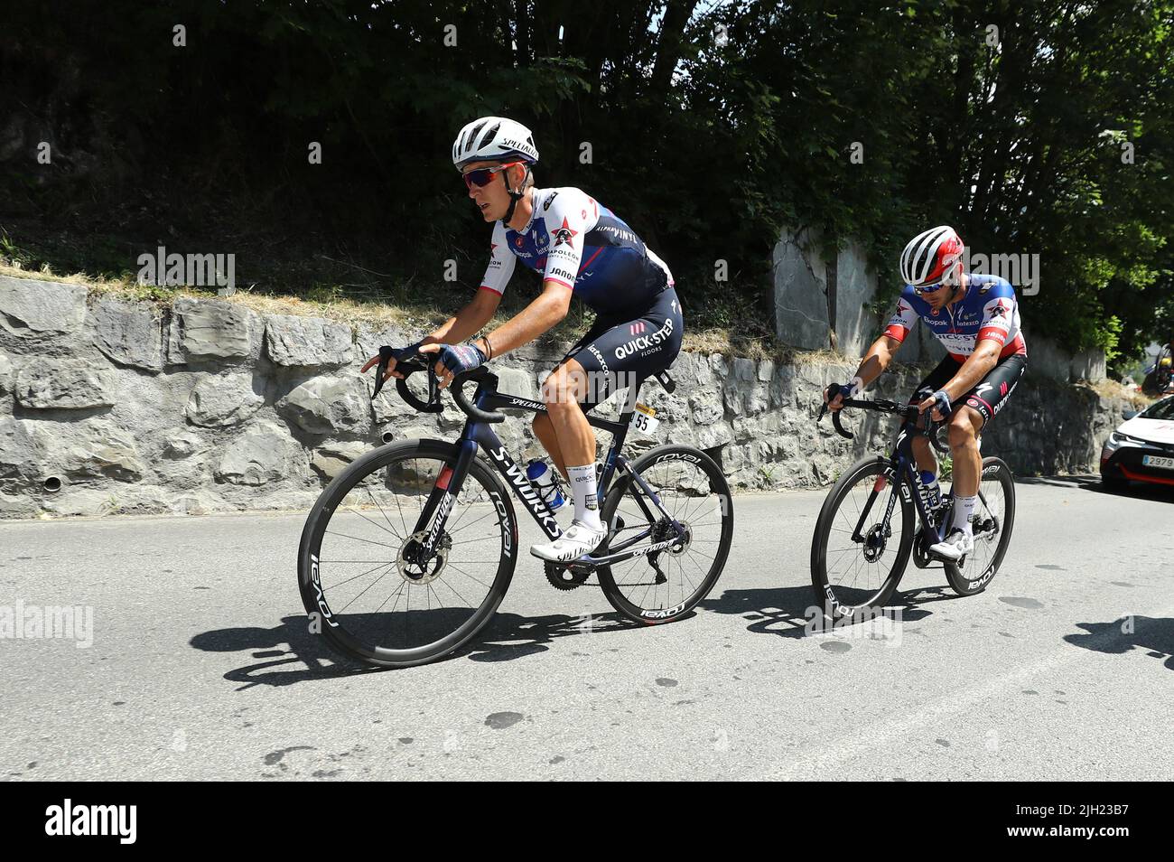 Huez, France, 14th July 2022. Mikkel Honore of Denmark and Quick-Step ...