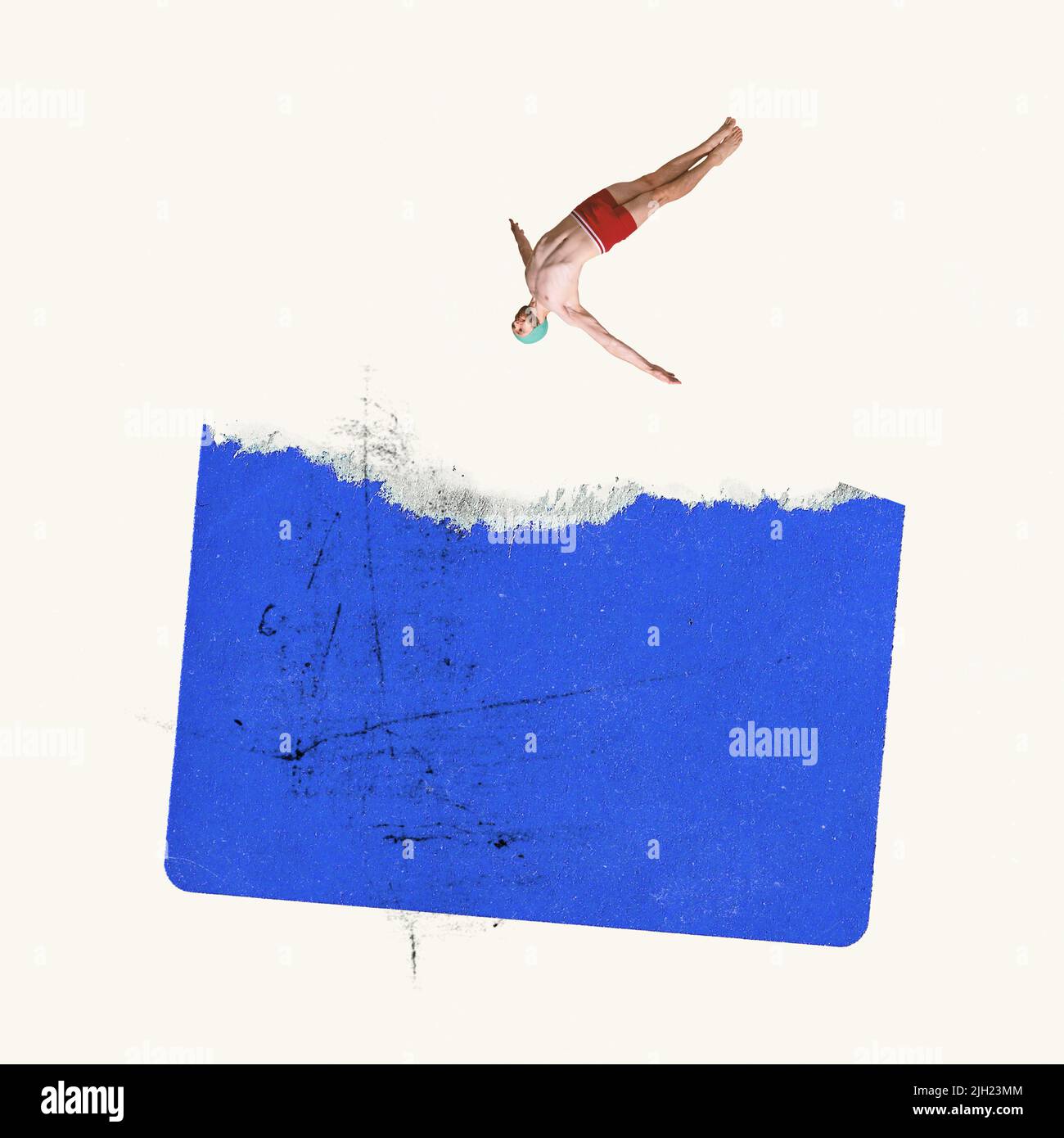 Contemporary art collage. Creative deisgn. Young man in swimming cap ...