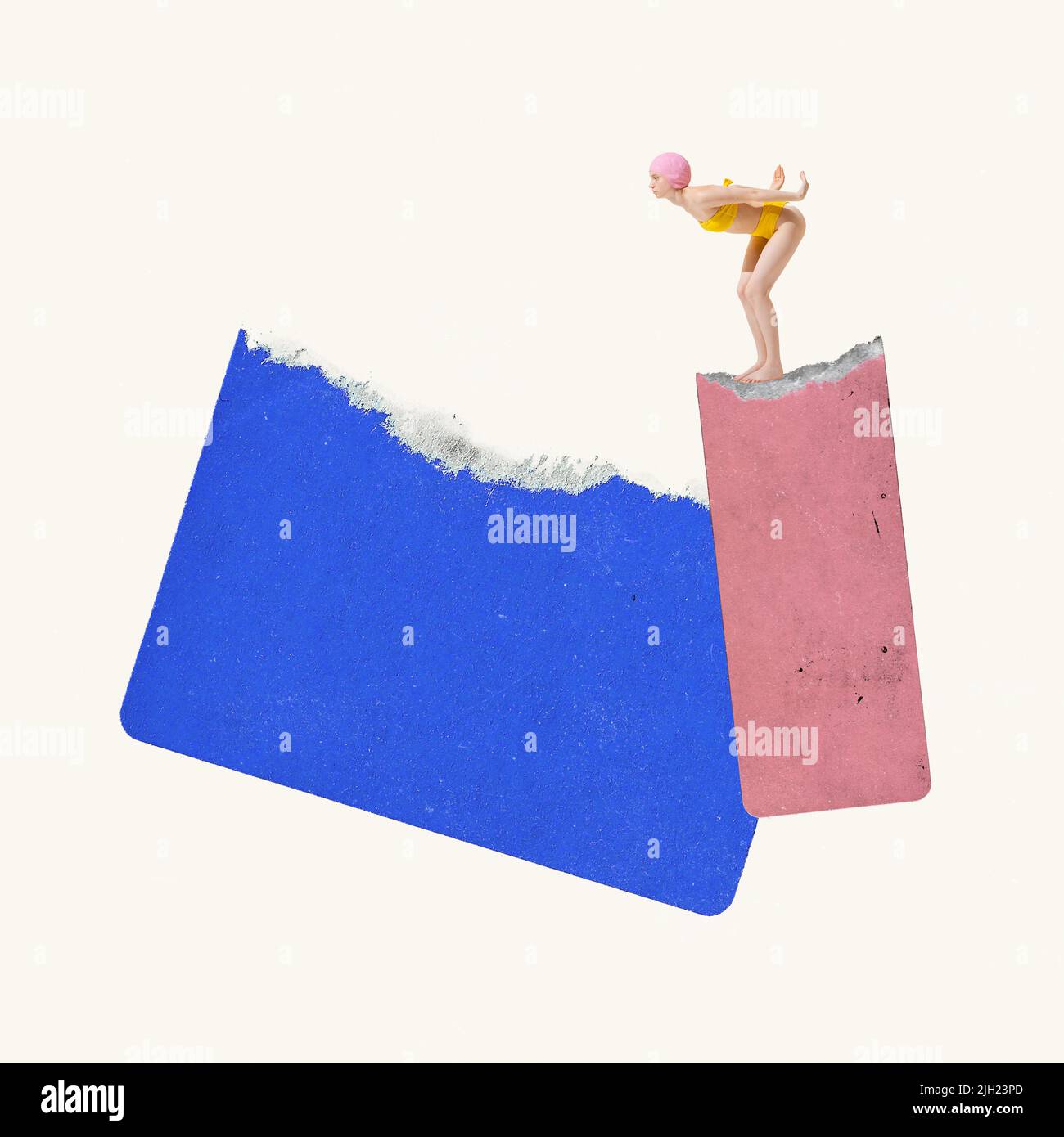 Contemporary art collage. Creative design. Young woman in yellow ...