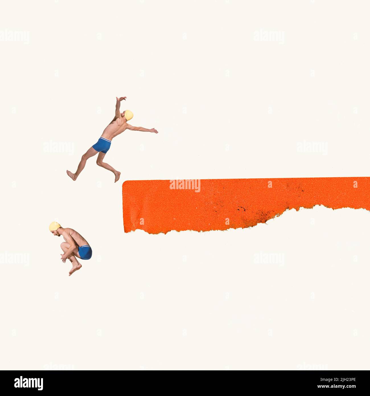 Contemporary art collage. Creative design. Man in yellow swimming cap ...