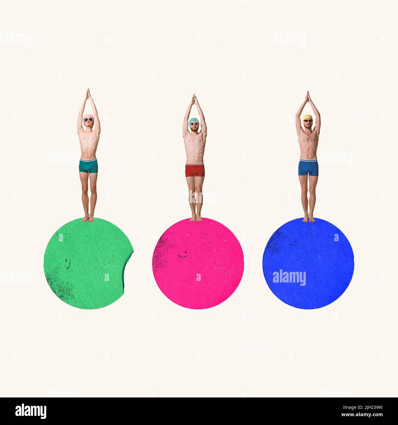 Contemporary art collage. Creative design. Three men in swimming cap ...