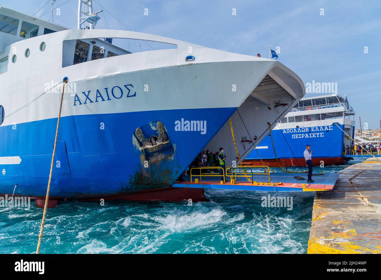 Pireas Greece: May 07 2022: Ferry boats cruise ships docking at the ...