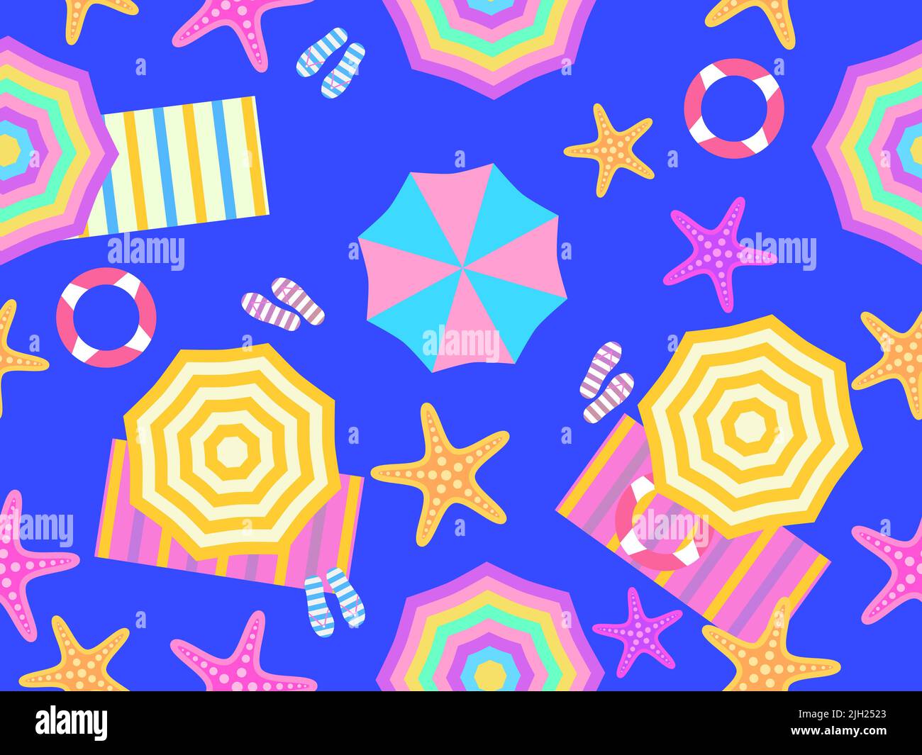 Beach top view seamless pattern. Beach umbrellas and towel, flip flops ...