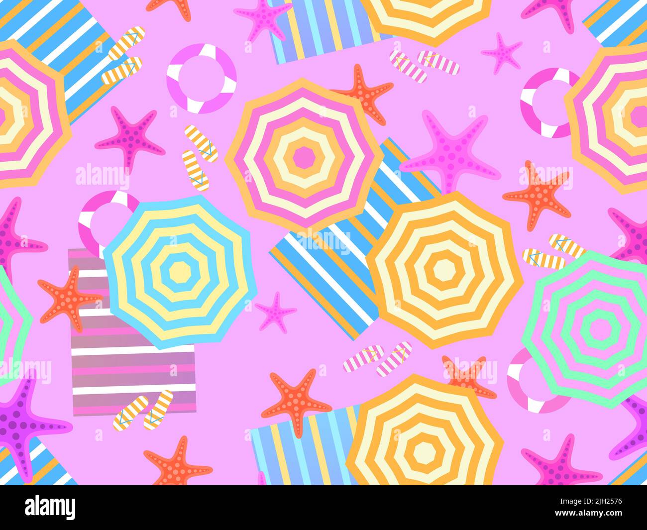 Beach top view seamless pattern. Beach umbrellas and towel, flip flops ...
