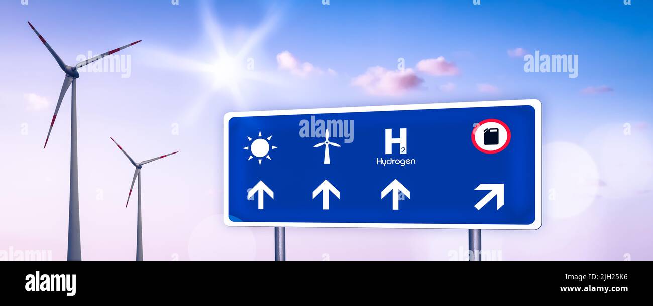 Two Wind Turbines next to a Road Sign Showing the Ways to Sustainable ...