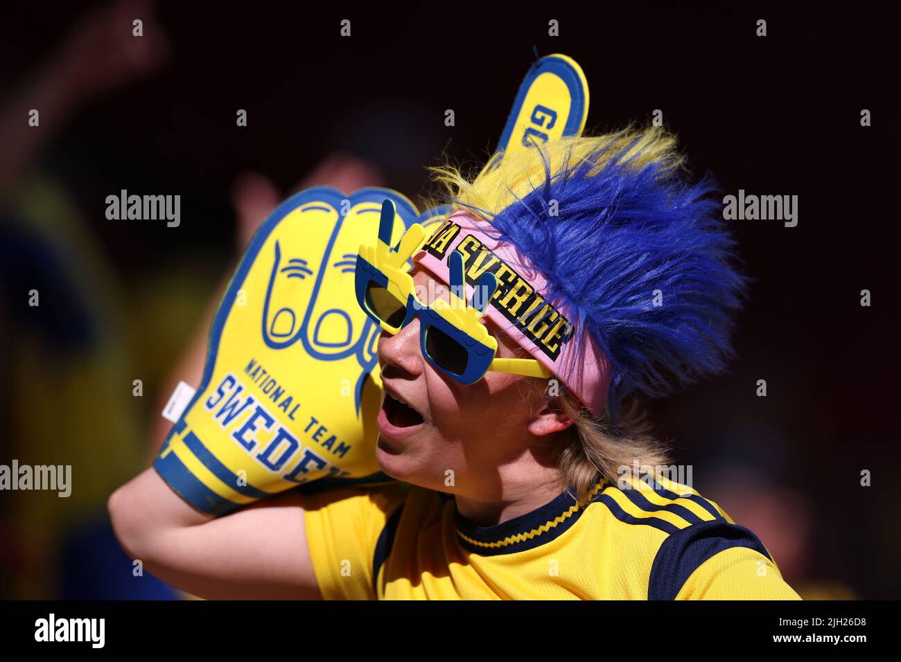 Sheffield, England, 13th July 2022. A Sweden fan cheers on her team ...