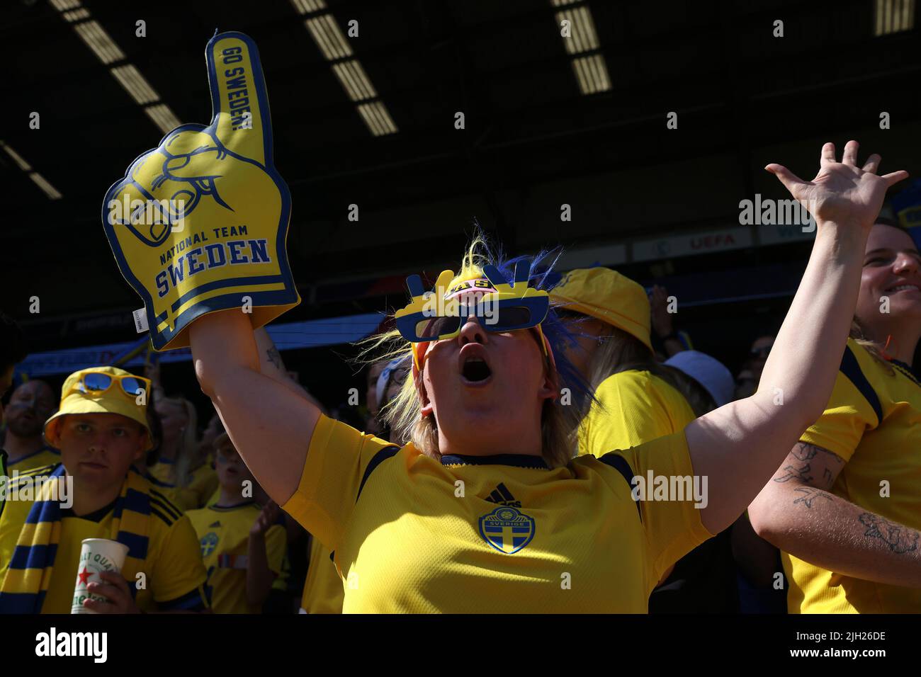 Sheffield, England, 13th July 2022. A Sweden fan cheers on her team ...