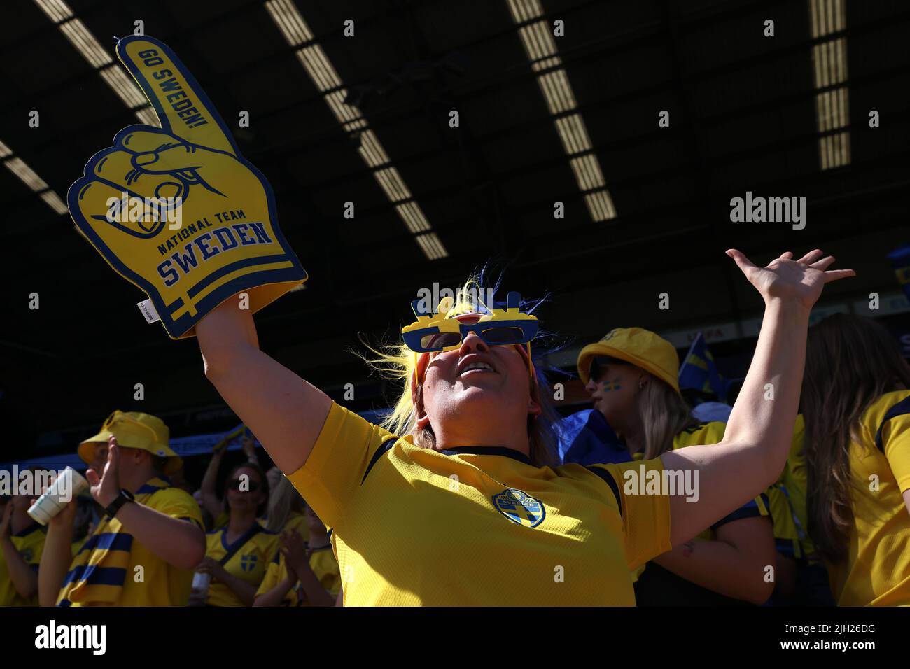 Sheffield, England, 13th July 2022. A Sweden fan cheers on her team ...