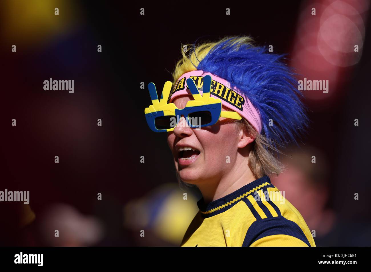 Sheffield, England, 13th July 2022. A Sweden fan cheers on her team ...