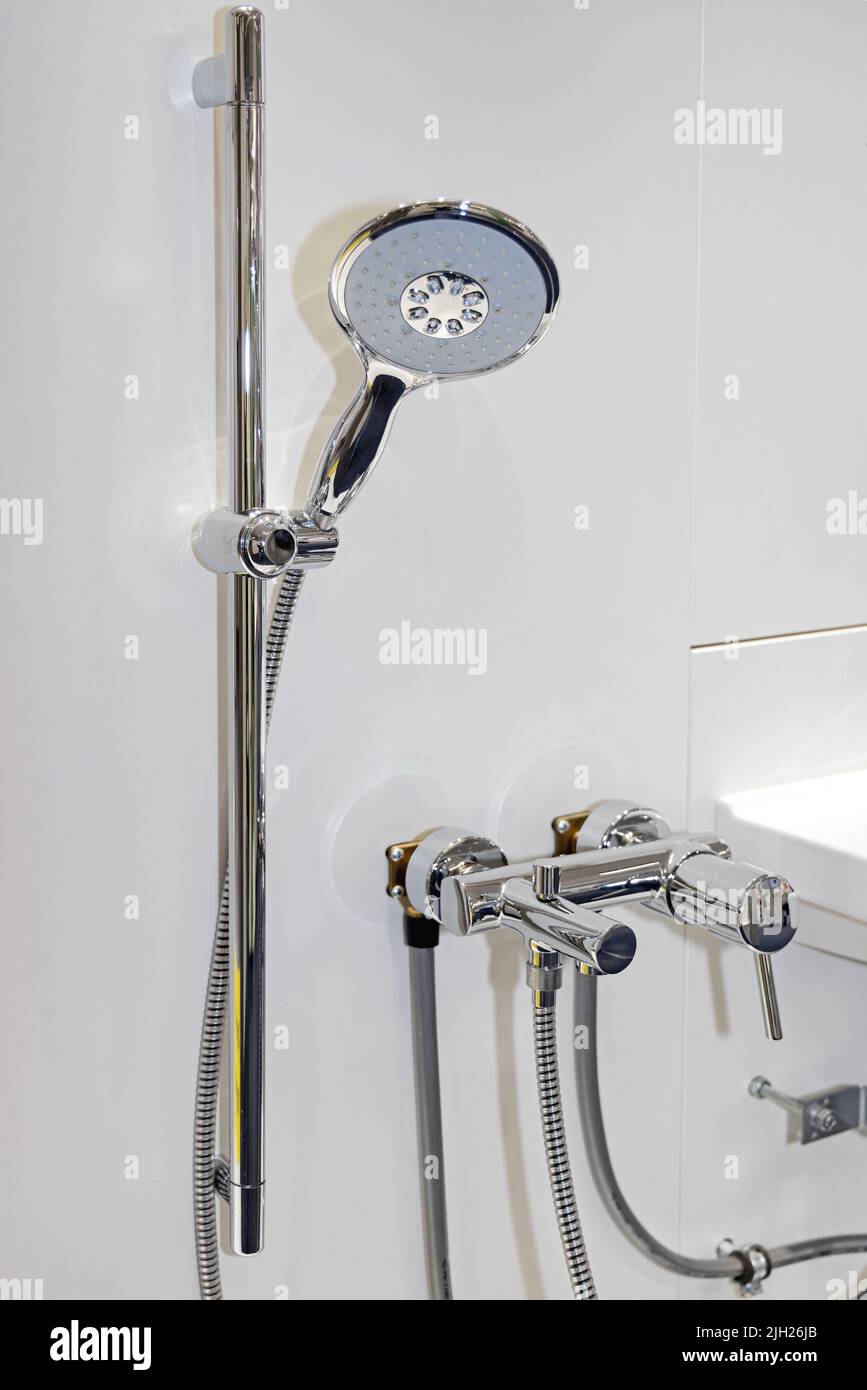 Large Shower Head Handle at Holder and Mixer Faucet Bathroom Stock ...