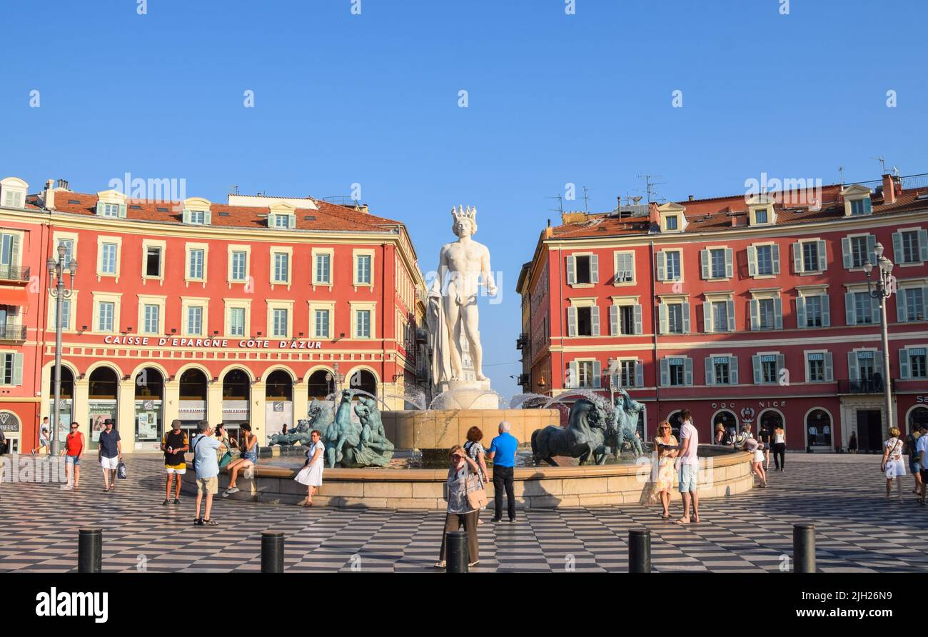 Nice, France. 2019. Apollo statue and fountain at Place Massena. Credit ...