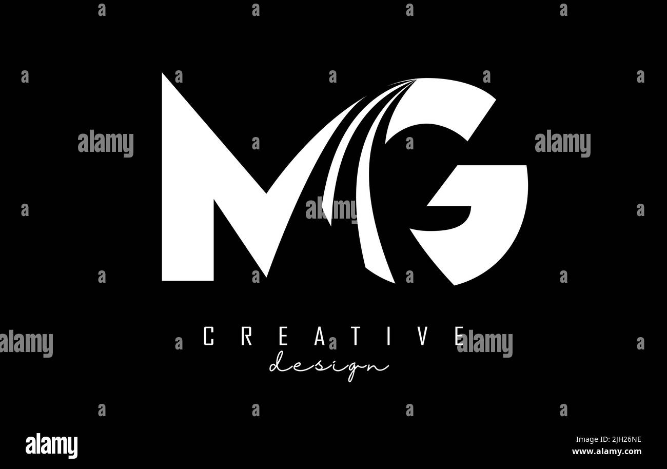 Creative white letter MG m g logo with leading lines and road concept ...