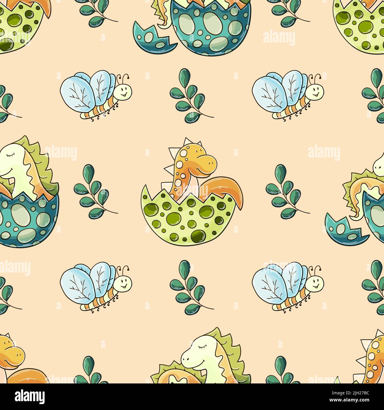 Cute funny dinosaur pattern. Colorful vector background. Dinosaur in an ...