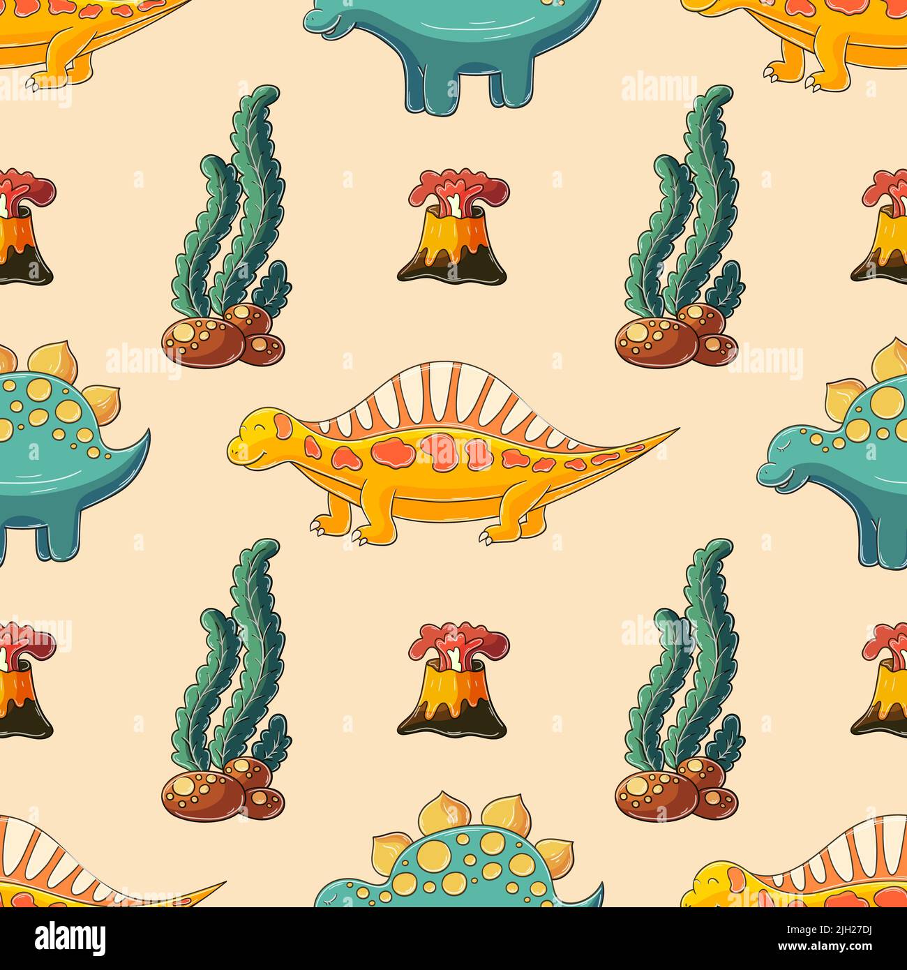 Hand drawn cute dinosaurs seamless pattern. Dinosaurs of the Jurassic ...