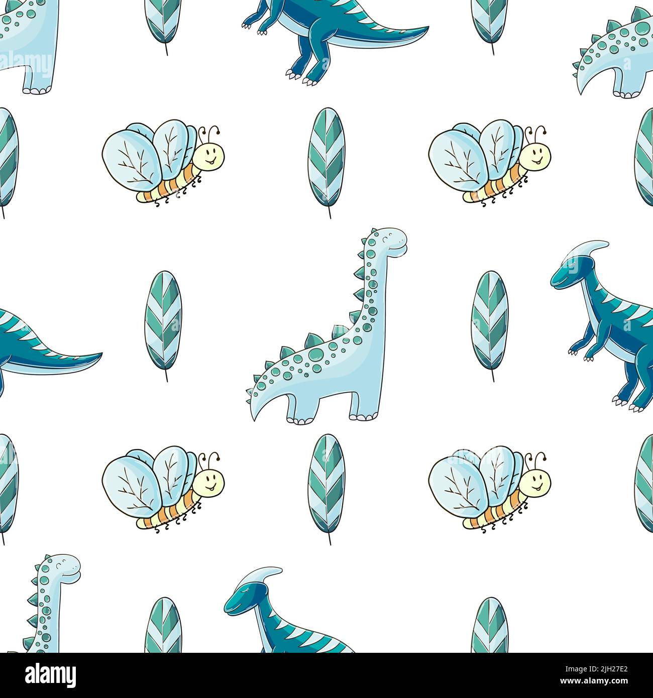 Hand drawn cute dinosaurs seamless pattern. Dinosaurs background in ...