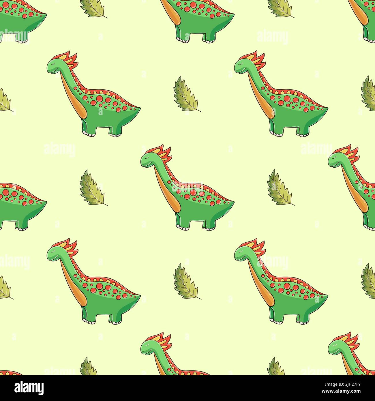 Cute funny green dinosaur pattern. Colorful dinosaur vector background ...
