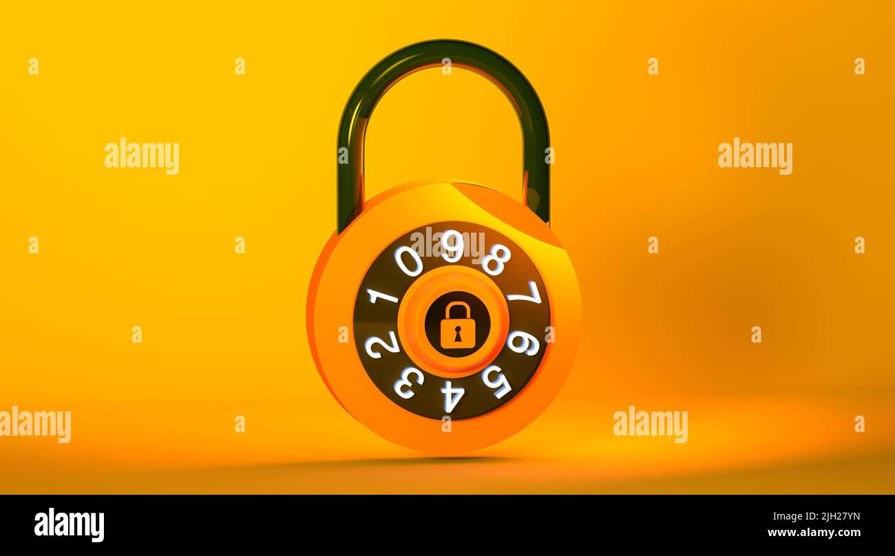 A 3D render of a padlock with numbers on an orange background Stock ...