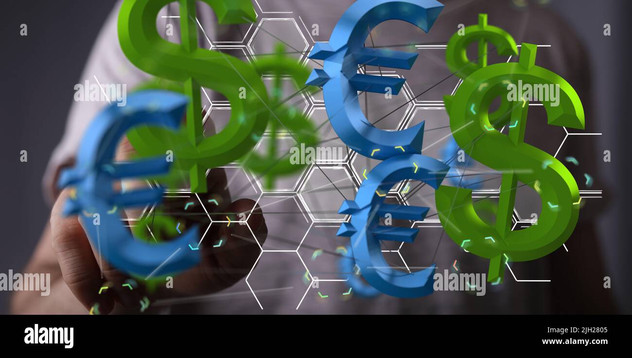 A 3D render of connected Dollar and Euro money icons near a hand Stock ...