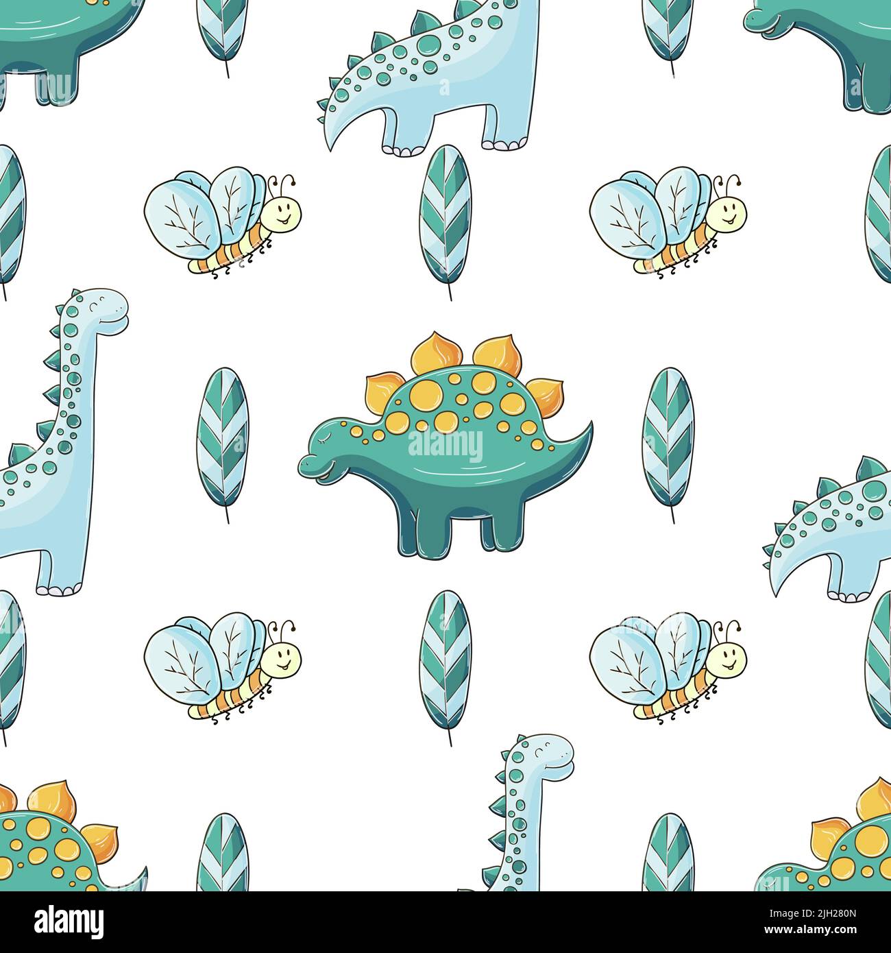 Dinosaurs background in blue palette. Hand drawn cute dinosaurs ...
