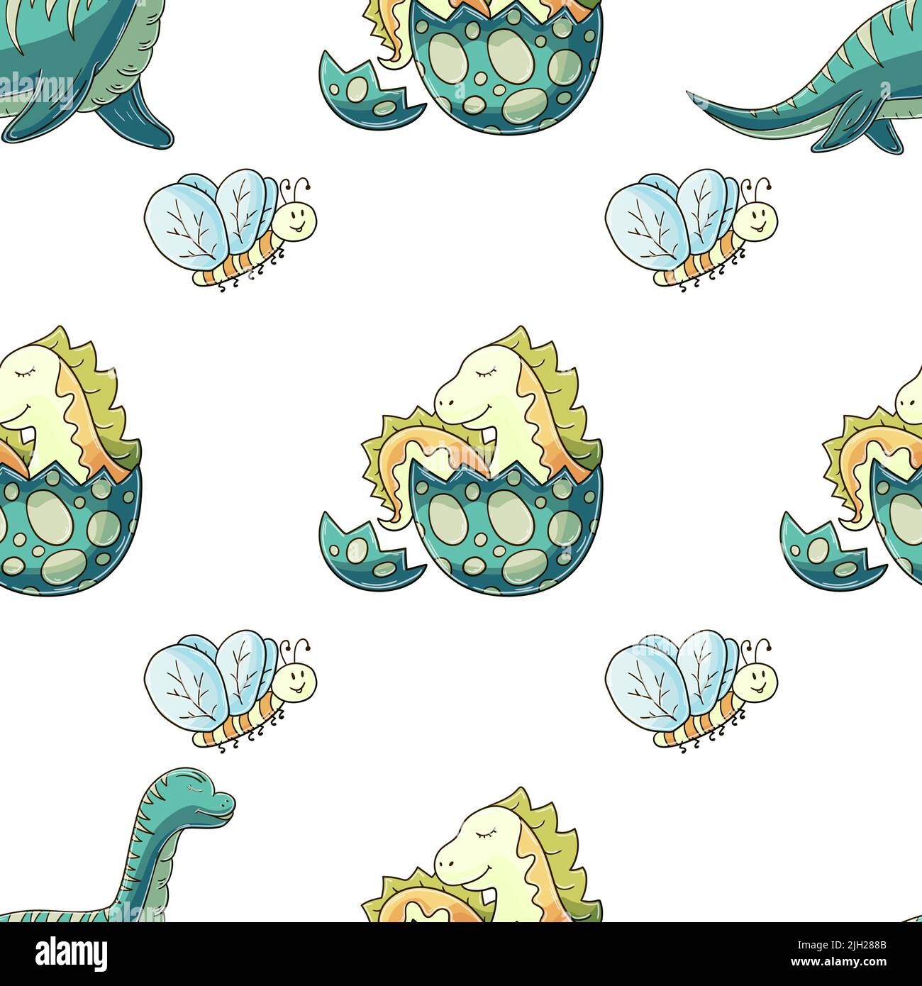 Cute funny dinosaur pattern. Dinosaur in an egg. Colorful vector ...