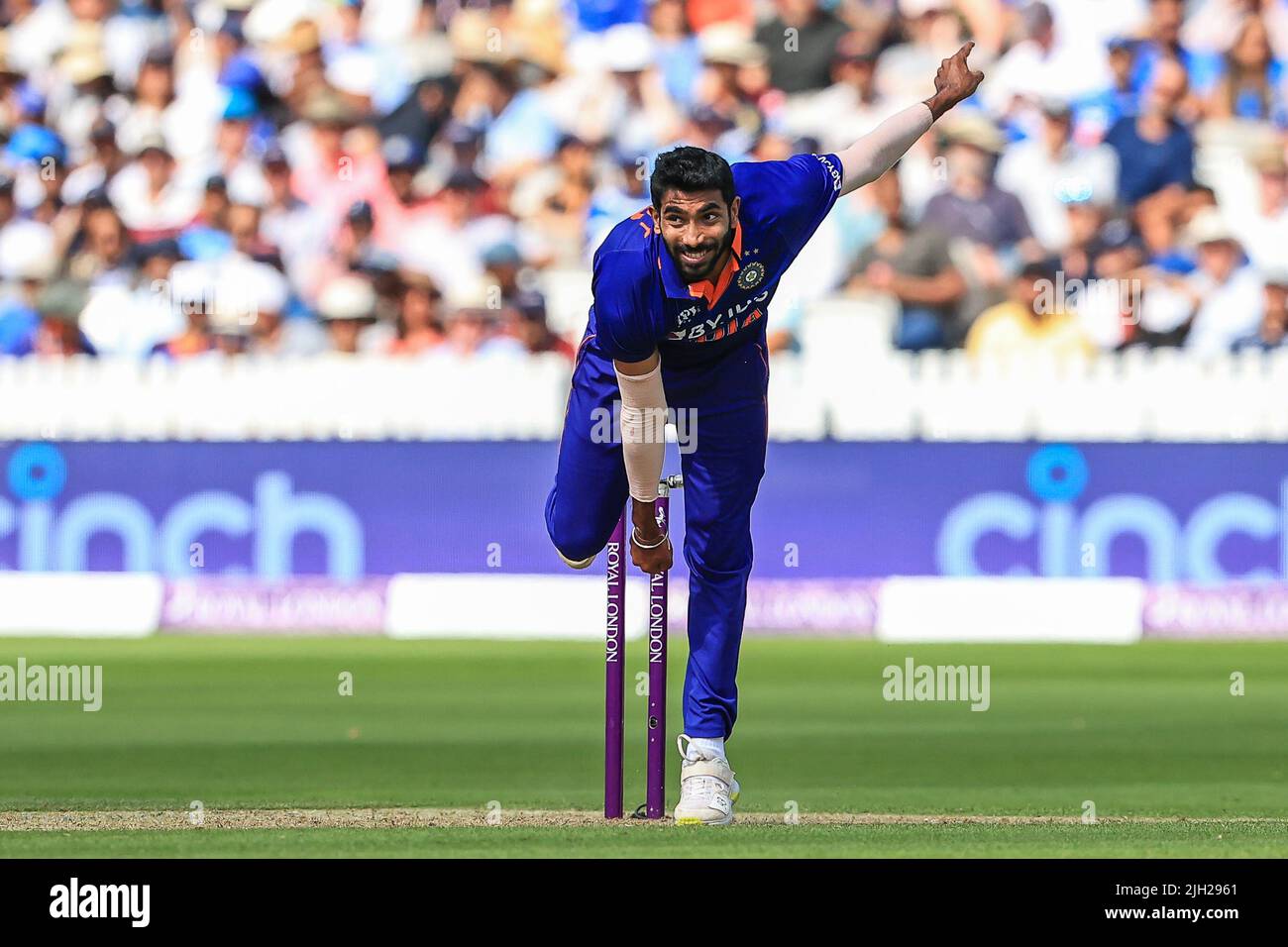Jasprit Bumrah of India delivers the ball in , on 7/14/2022. (Photo by ...