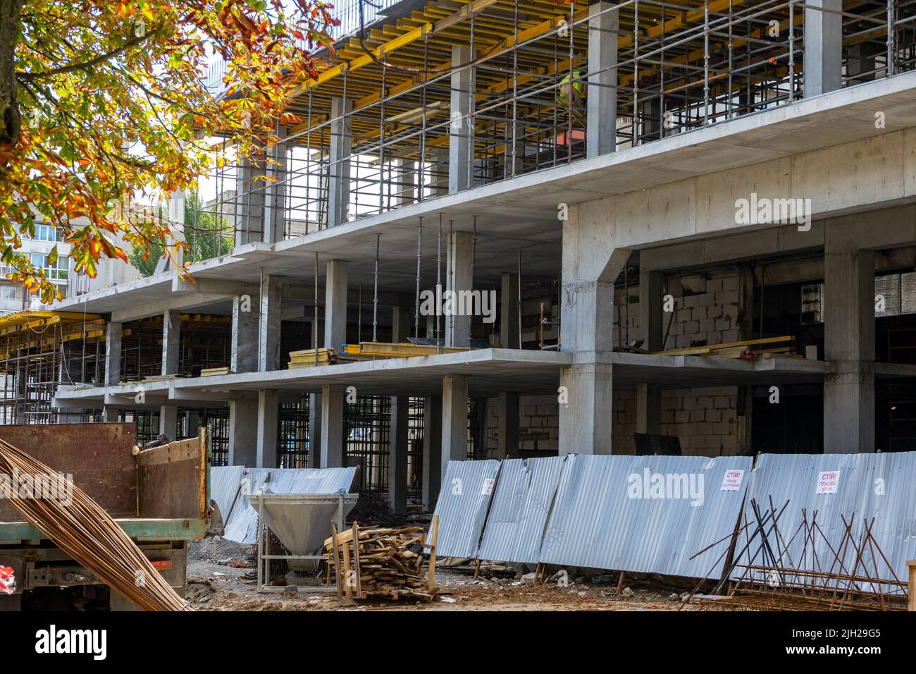 Construction of a multi-storey building from metal structures Stock ...