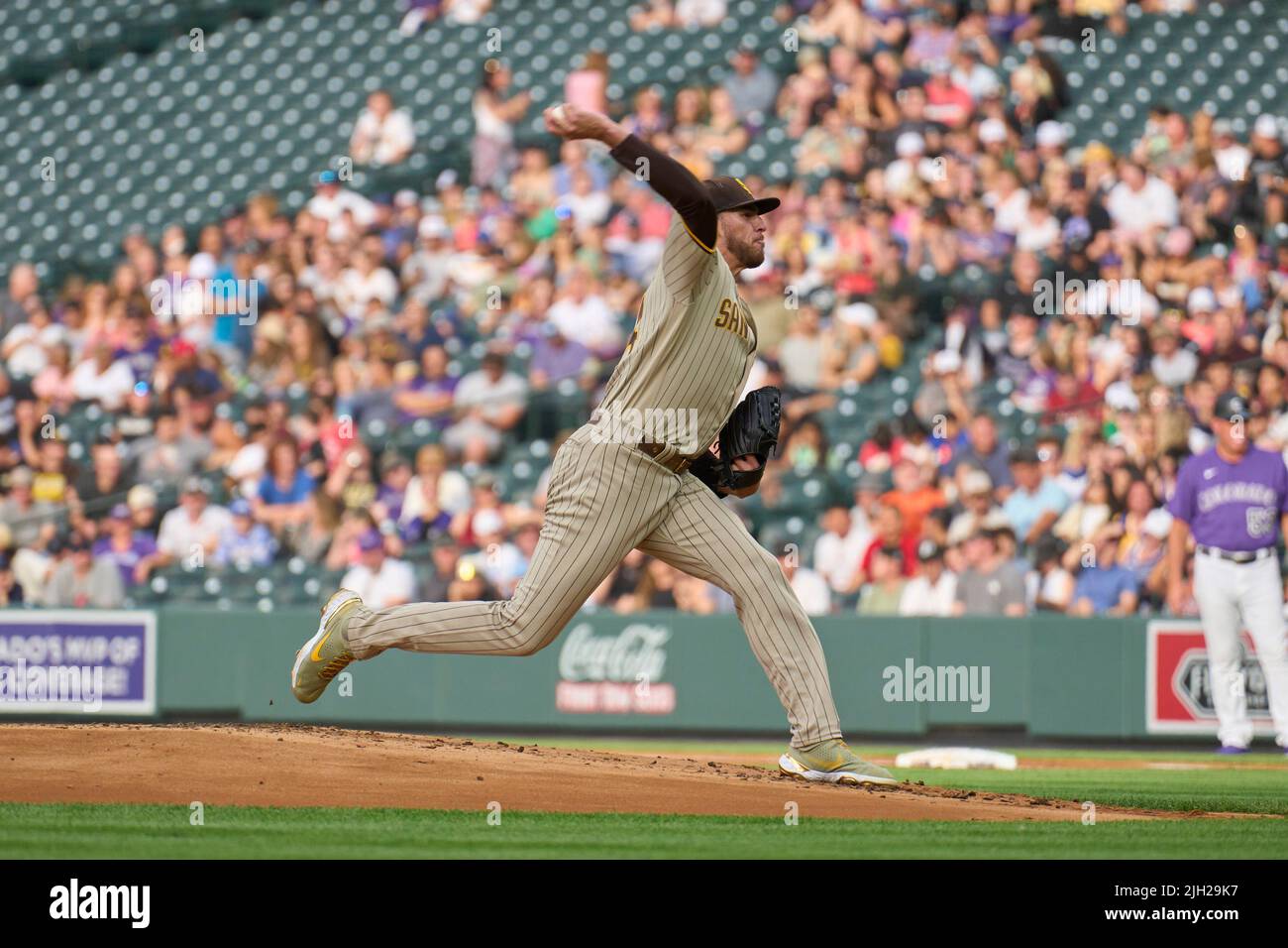Denver CO, USA. 13th July, 2022. San Diego pitcher Joe Musgrove (44 ...