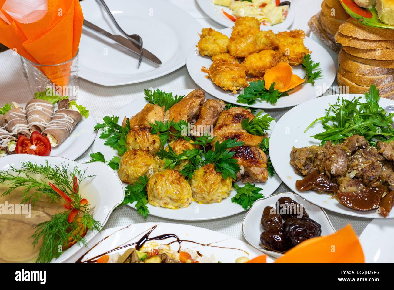 Many delicious dishes ready to eat on the table in the restaurant Stock ...