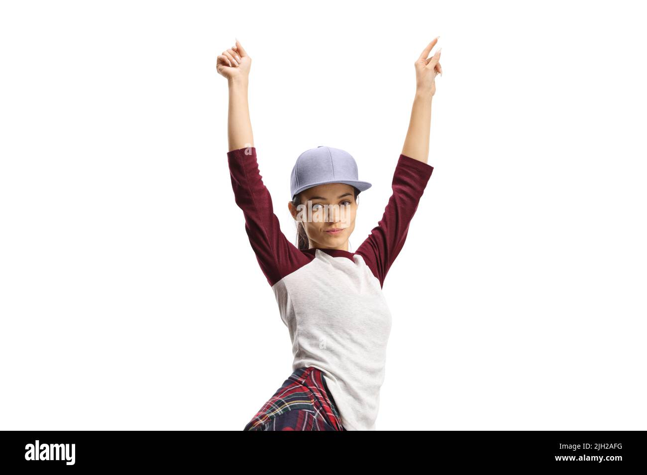 Young female dancing with arms up isolated on white background Stock ...