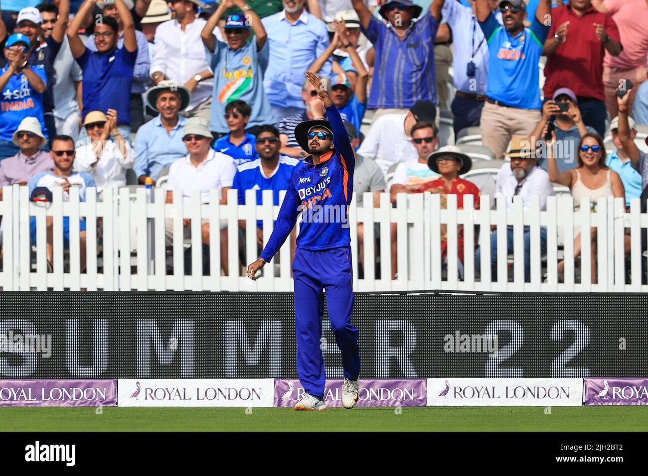 Shreyas Iyer of India celebrates catching David Willey of England in ...