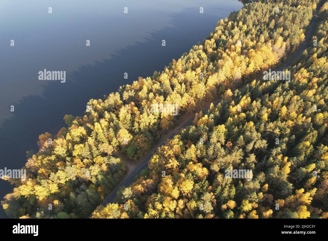 Autumn landscape with road and lake aerial above top view Stock Photo ...