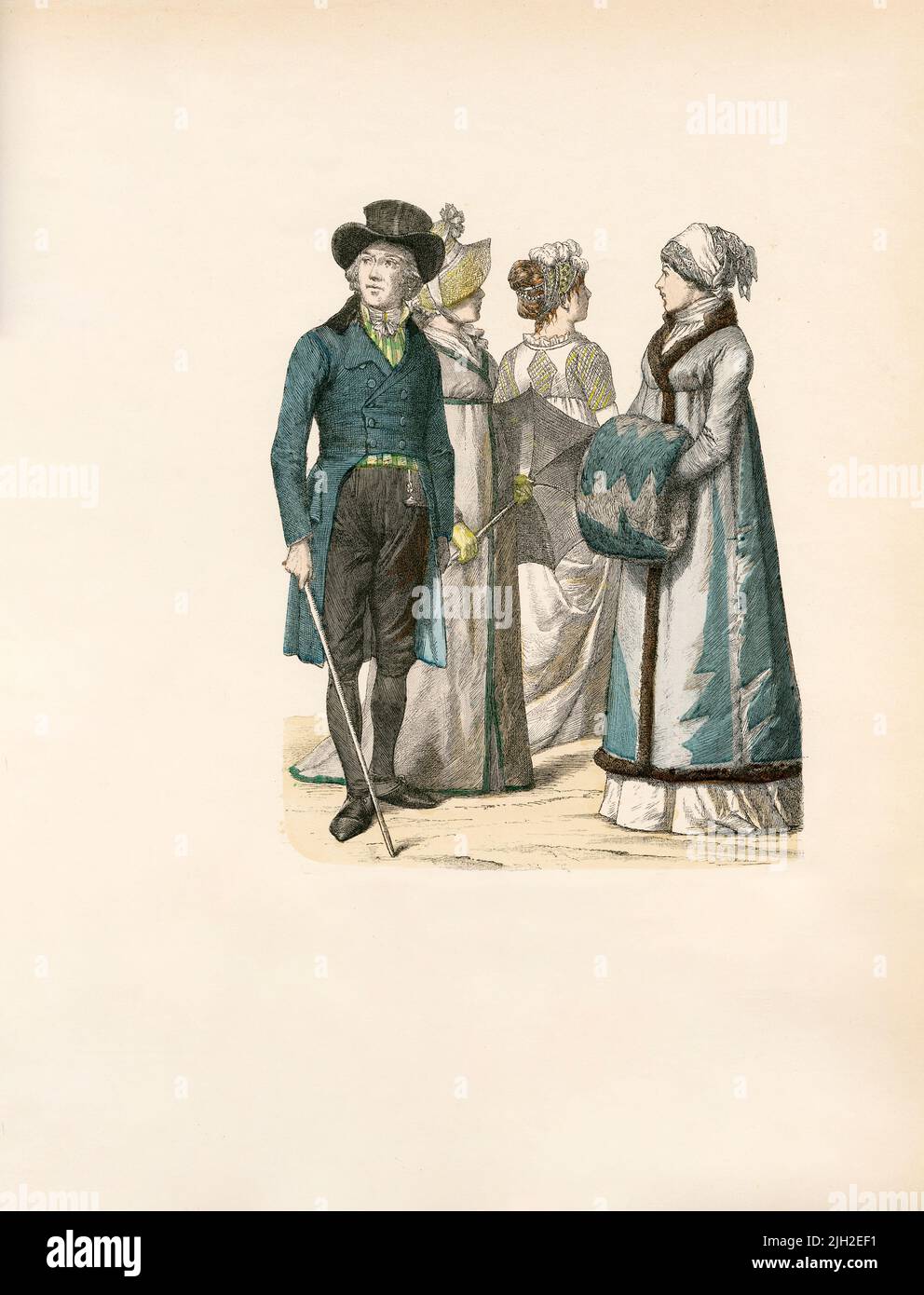 Fashionable German Man and Three Women, Germany, 1798-1799 ...