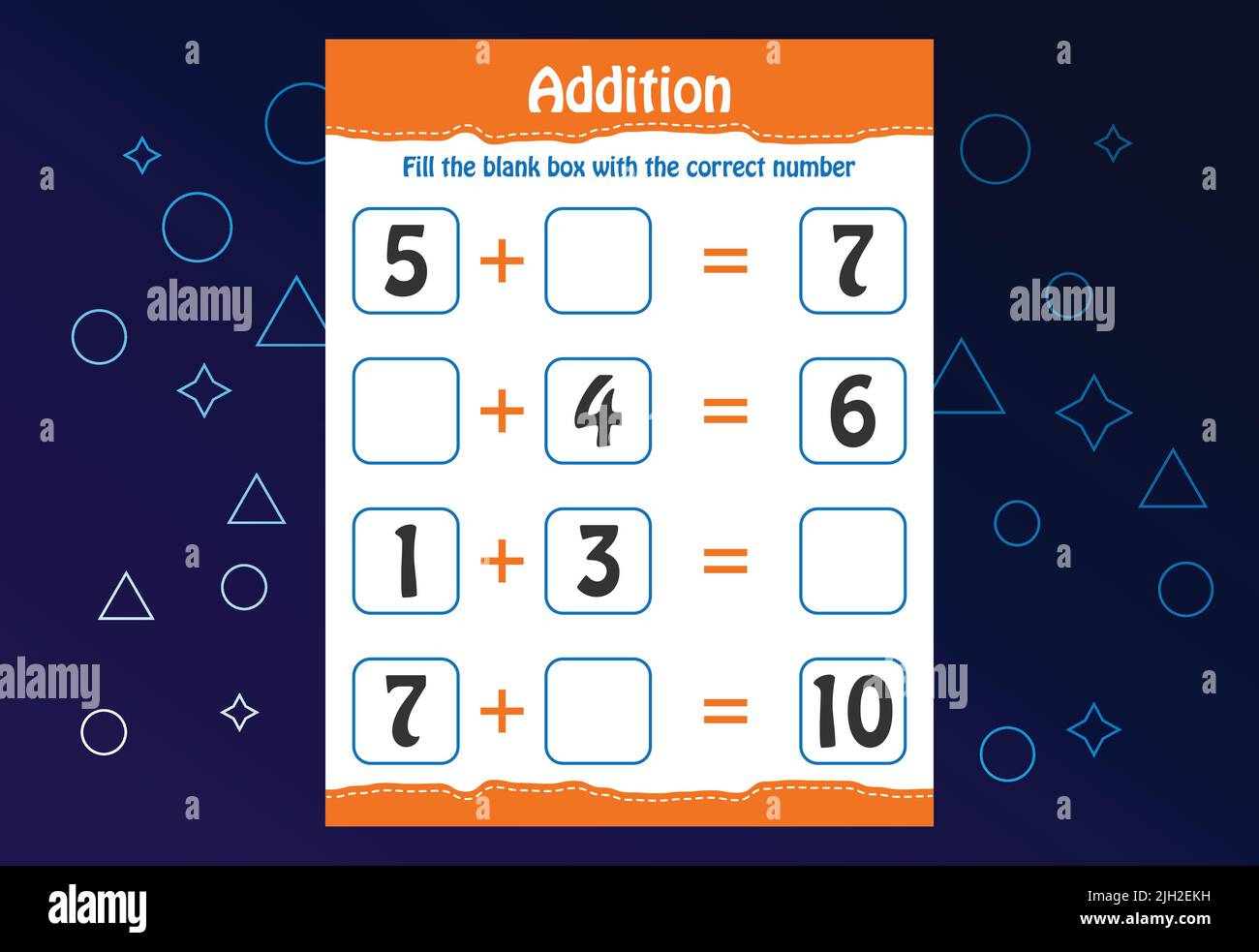 Basic math addition for kids. Fill the blank box with the correct ...