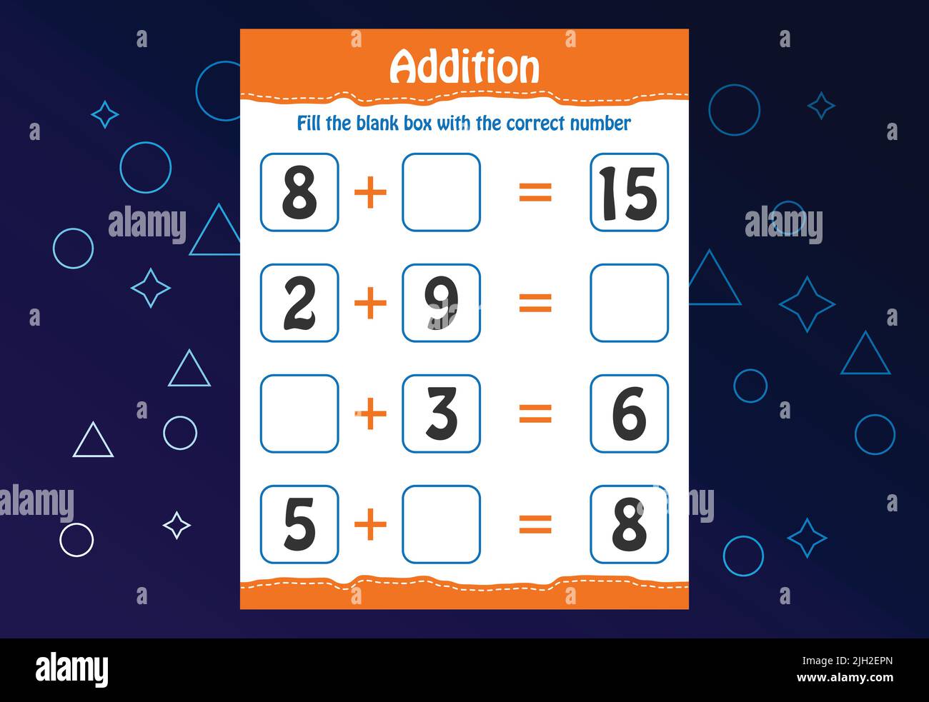 Basic math addition for kids. Fill the blank box with the correct ...