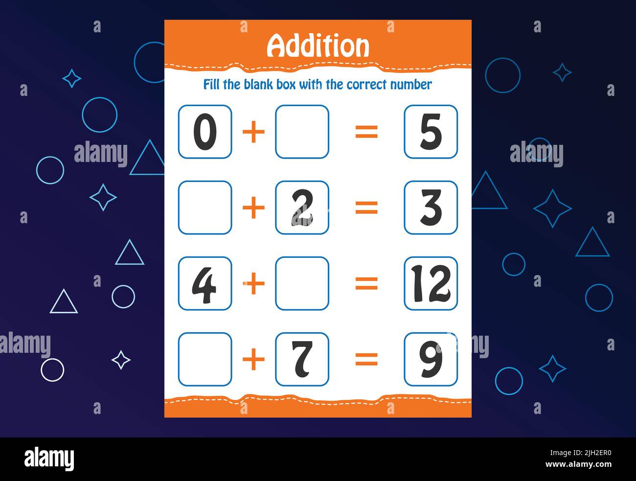 Basic math addition for kids. Fill the blank box with the correct ...