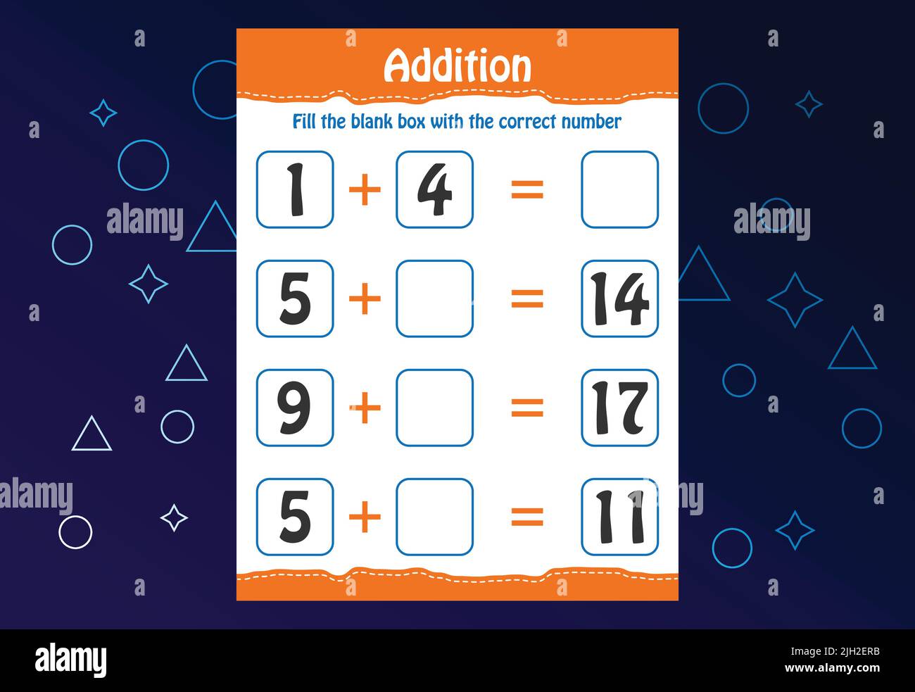 Basic math addition for kids. Fill the blank box with the correct ...