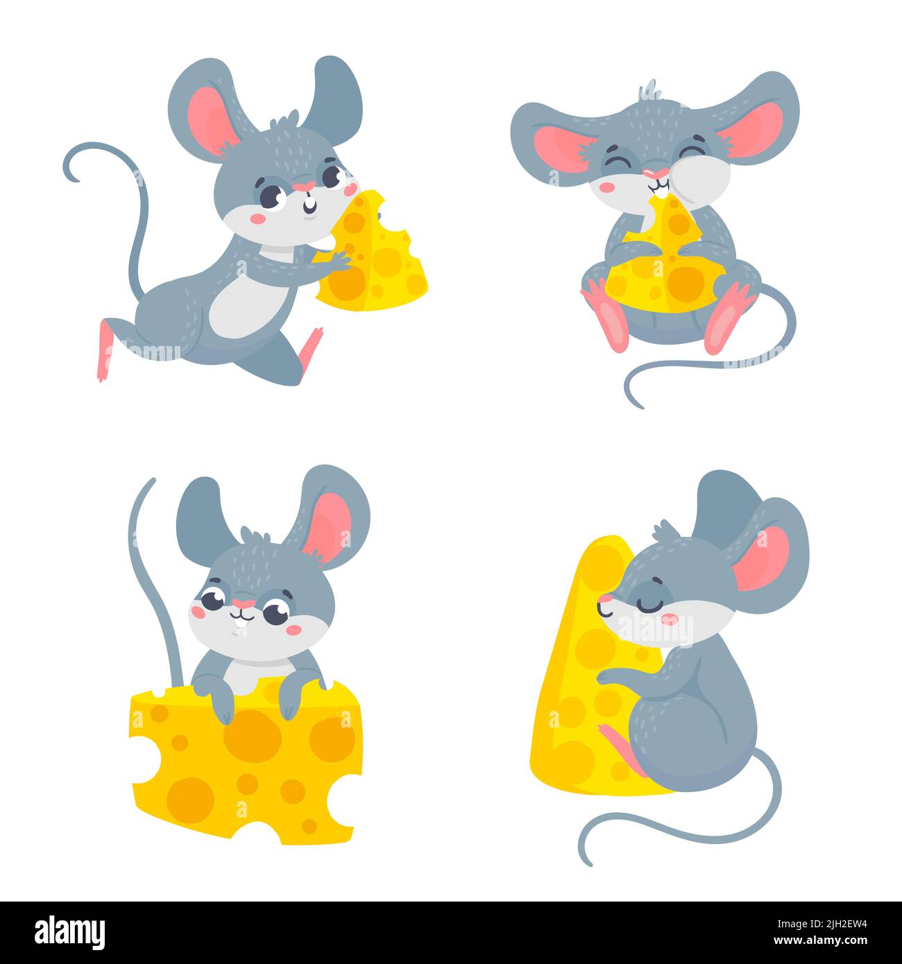 Cartoon mouse with cheese. Smiling characters holding food pieces ...