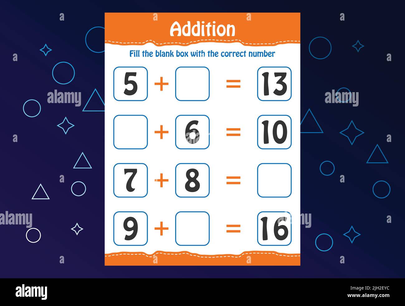 Basic math addition for kids. Fill the blank box with the correct ...