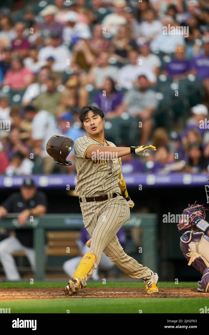 2July 13 2022: San Diego third baseman Ha Song Kim (7) swings so hard ...