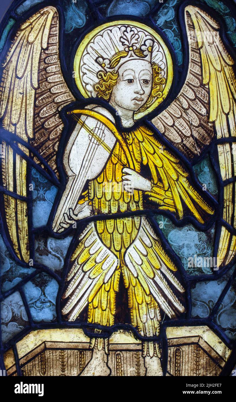 Detail of a 15th Century Stained glass tracery panel depicting an Angel ...