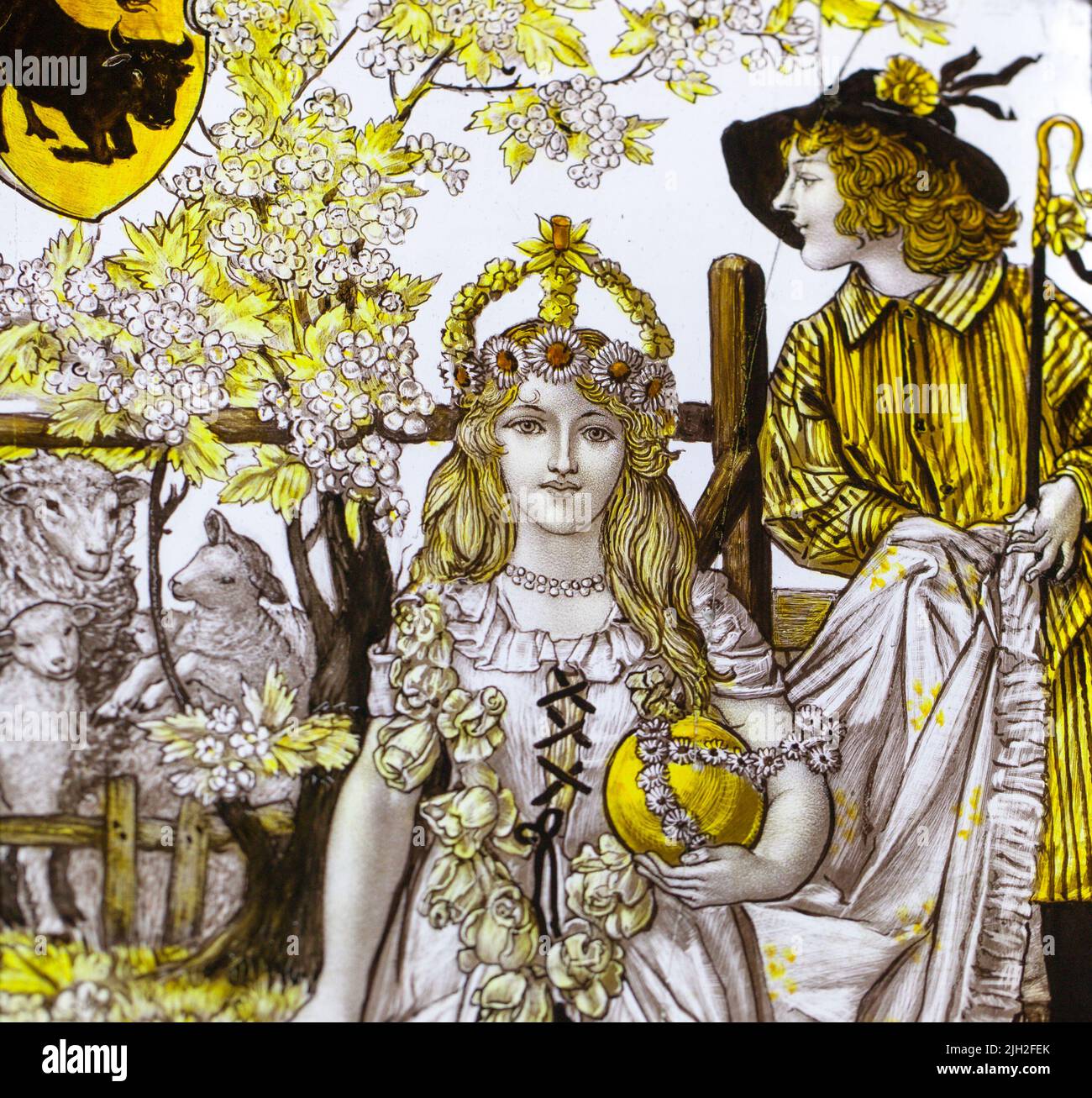 Abstract detail from a 20th Century stained glass panel ' The May Queen ...