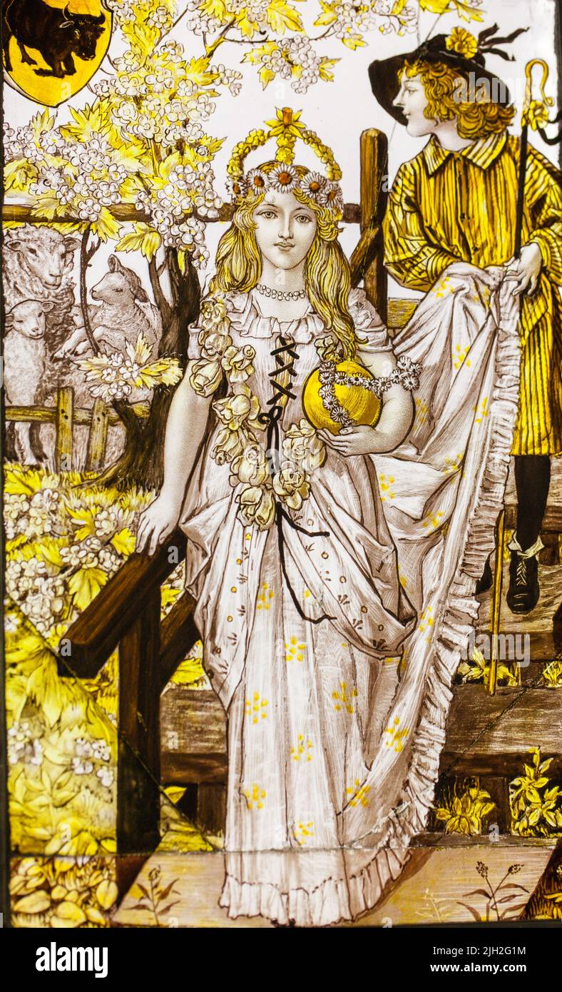 Abstract detail from a 20th Century stained glass panel ' The May Queen ...